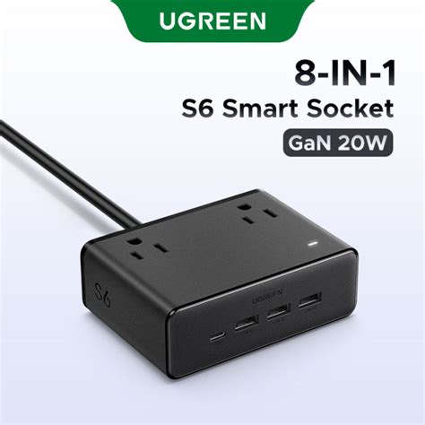Ugreen 8 In 1 Multi Function Socket Power Socket S6 Smart Socket Gan 20w Fast Charger 3 Usb A 1