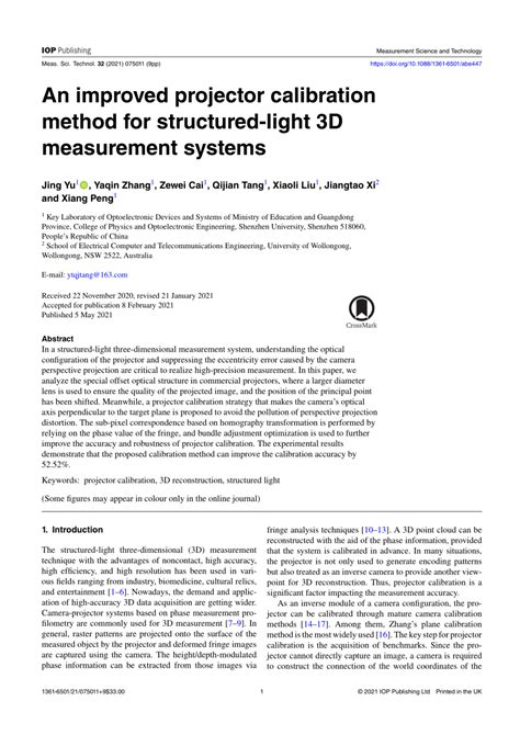 An Improved Projector Calibration Method For Structured Light 3d Measurement Systems Request Pdf