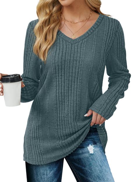 Moshu Dressy Tops For Women Classic Fit Long Sleeve Shirts V Neck