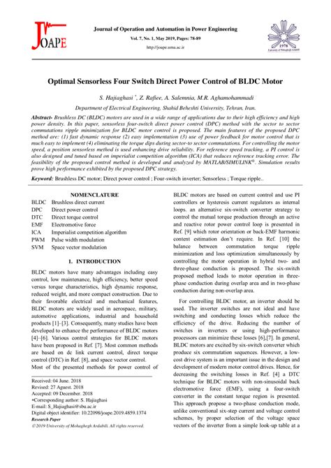 Pdf Optimal Sensorless Four Switch Direct Power Control Of Bldc Motor