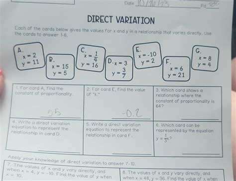 Solved Direct Variation Each Of The Cards Below Gives The