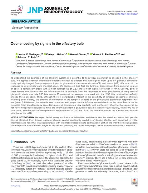 Pdf Odor Encoding By Signals In The Olfactory Bulb