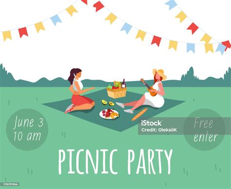 피크닉 여름 파티 초대 템플릿입니다 공원에서 여자 벡터 소풍 음식에 대한 스톡 벡터 아트 및 기타 이미지 소풍 음식 남자 디자인 Istock