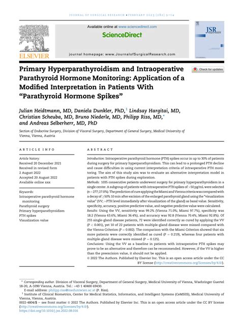 Pdf Primary Hyperparathyroidism And Intraoperative Parathyroid Hormone Monitoring Application