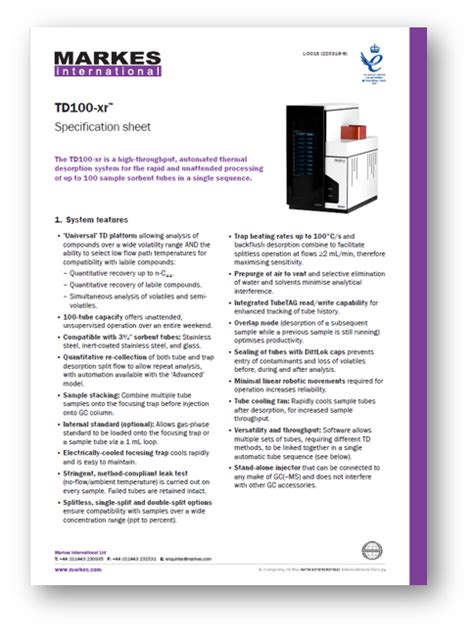Td100 Xr Specification Sheet Markes International
