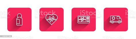 세트 라인 점안액 병 심박수 심전도가 있는 모니터 및 긴 그림자가 있는 응급 빨간색 사각형 버튼입니다 벡터 건강 진단에 대한 스톡 벡터 아트 및 기타 이미지 Istock