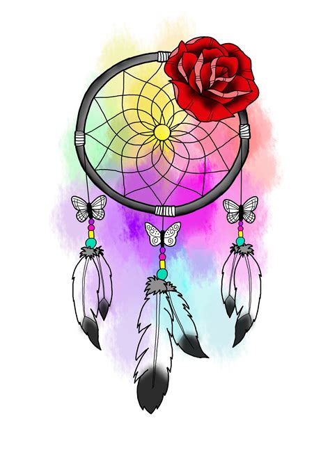 Dream Catcher And Rose Tattoo Design With Watercolor Background