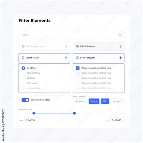 Adobe Stock에서 Basic Filter Ui Design Form Elements 관련 Stock 벡터를 다운로드하고 이와 유사한 벡터를 탐색해 보세요 Ui