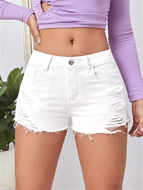 Shein Ezwear Ripped Raw Trim Denim Shorts Shein Usa