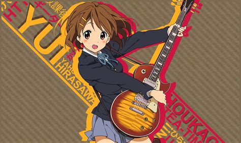 Download Yui Hirasawa Playing Guitar With A Cheerful Smile Wallpaper