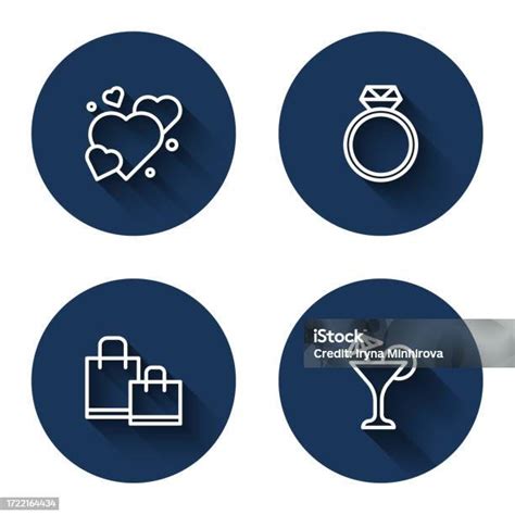 하트 다이아몬드 약혼 반지 종이 쇼핑백 긴 그림자가 있는 마티니 잔을 선보입니다 파란색 원 버튼입니다 벡터 결정체에 대한 스톡 벡터 아트 및 기타 이미지 Istock