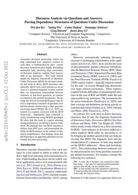 discourse analysis via questions and answers parsing dependency