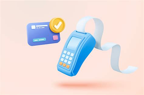 신용 카드로 3d 청구서 지불 및 온라인 쇼핑을 위한 금융 경고 알림이 있는 지불 신용 카드 신용 카드 리더기를 사용한 송장 거래 3d 영수증 벡터 아이콘 그림을 렌더링 3