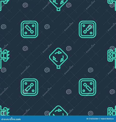 Set Line Roundabout Traffic Sign Exclamation Mark In Triangle And Traffic Light On Seamless