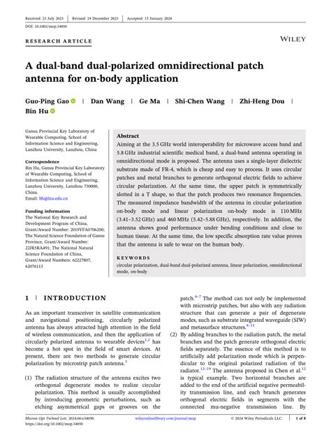 A Dual‐band Dual‐polarized Omnidirectional Patch Antenna For On‐body Application Request Pdf