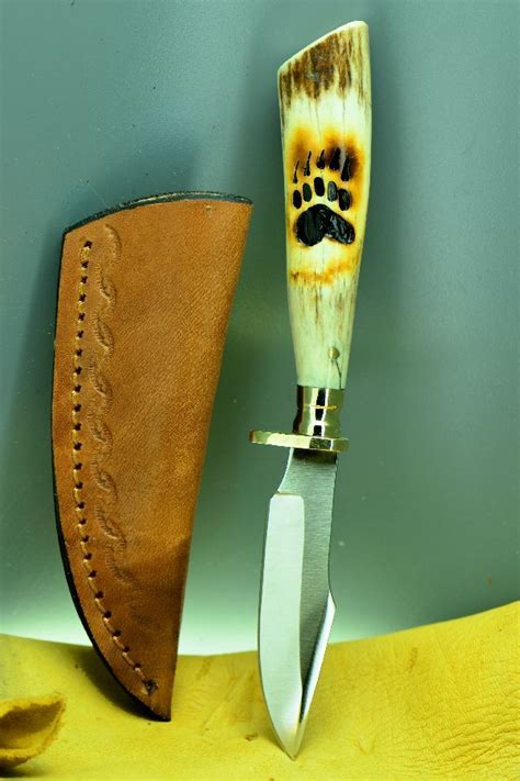 Hand Carved Bear Paw Stag Handle Hunting Knife By Breck Morey Bear