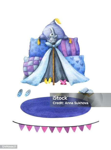 어린이 방 항목 세트 베개와 담요로 만든 쉼터 파란색과 보라색 색상의 수채화 그림 게임 하우스 어린 시절 숨바꼭질을 하는 게임 인쇄 엽서 갈란드 장식품에 대한 스톡 벡터