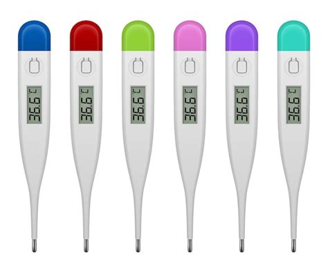 현실적인 3d 섭씨 전자 의료 온도계 측정 아이콘 세트 근접 촬영 절연 프리미엄 벡터