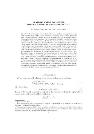Shallow Water Equations Viscous Solutions And