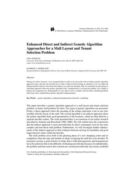 Pdf Enhanced Direct And Indirect Genetic Algorithm Approaches For A Mall Layout And Tenant