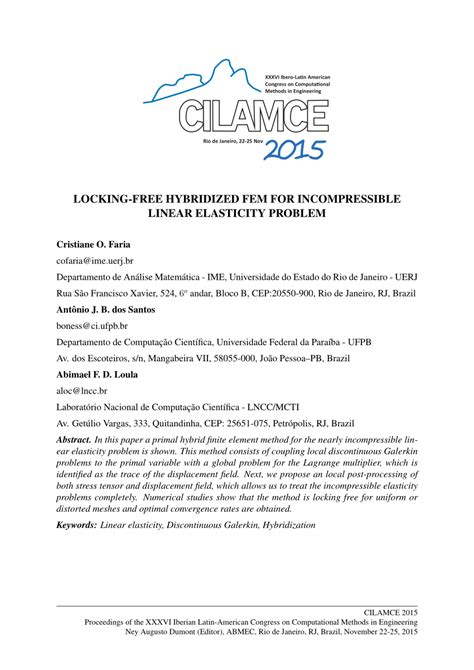 Pdf Locking Free Hybridized Fem For Incompressible Linear Elasticity