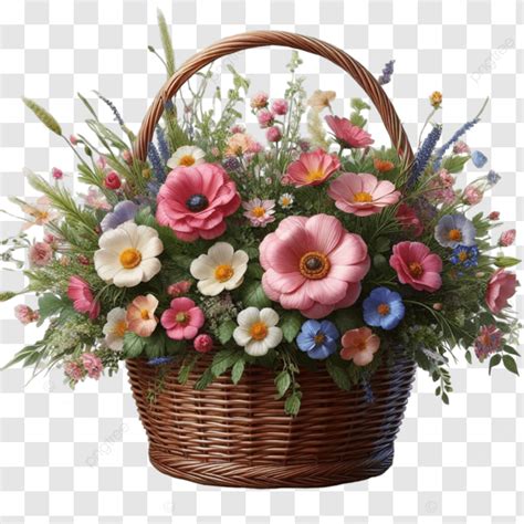 현실적인 보기를 위해 투명한 배경을 렌더링한 다양한 색상의 꽃으로 가득 찬 바구니의 놀라운 3d 8k Hd 클로즈업 다양한 색상의 꽃으로 가득 찬 바구니의 놀라운 3d