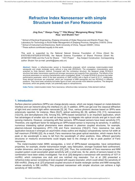 Pdf Refractive Index Nanosensor With Simple Structure Based On Fano Resonance