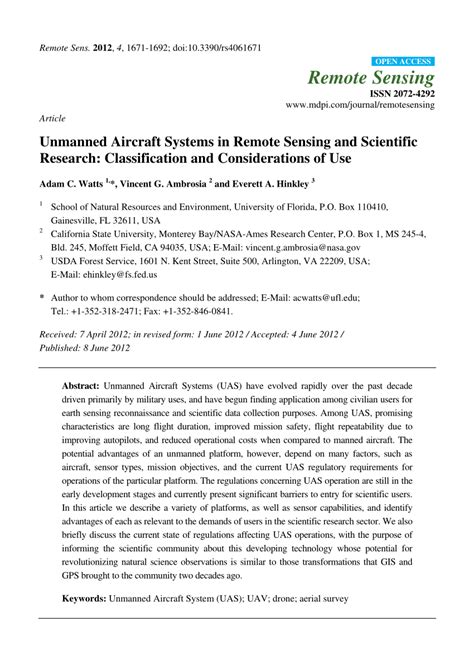 Pdf Unmanned Aircraft Systems In Remote Sensing And Scientific Research Classification And