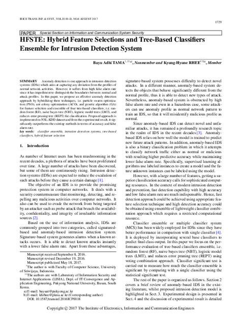 Pdf Hfste Hybrid Feature Selections And Tree Based Classifiers Ensemble For Intrusion