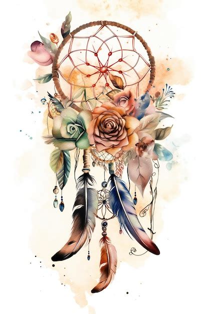 Premium Photo Watercolor Dream Catcher With A Flower And Feathers
