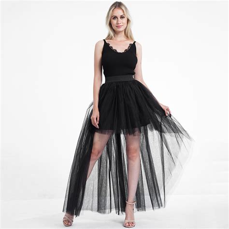 Black High Low Tulle Overskirt Women Elastic Waist Hi Lo Tulle Maxi