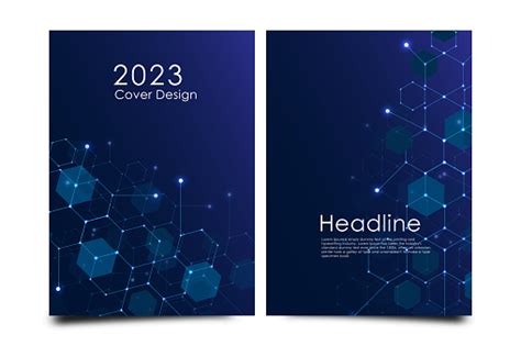 브로셔 표지 배너 전단지 연례 보고서 전단지에 대 한 현대 벡터 템플릿입니다 육각형 연결 선 및 점이있는 추상 미술 구성 파란색
