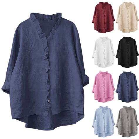 Cflvaek Casual Shirts For Women Loose Fit Ruffle Trim V Neck Cotton