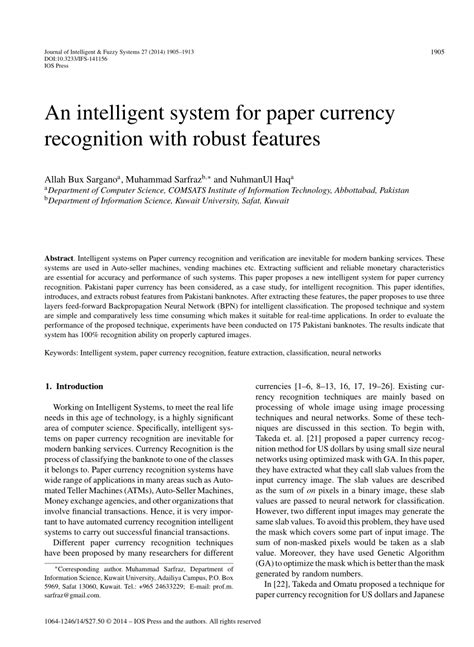 Pdf An Intelligent System For Paper Currency Recognition With Robust Features