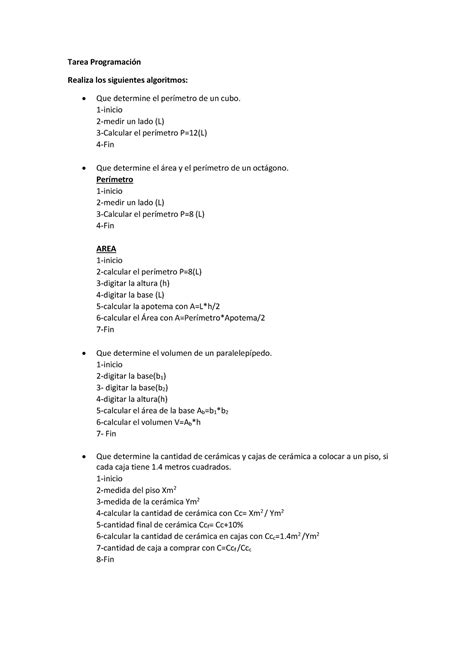 Practica de algoritmo realizada Tarea Programación Realiza los siguientes algoritmos Que