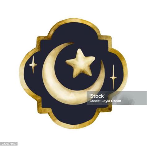 어두운 배경에 초승달과 별이 있는 이슬람 황금 장식 요소 수채화 손으로 그린 고립 된 그림 Eid Mubarak에 대한 스톡 벡터 아트 및 기타 이미지 Istock