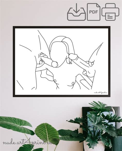 Threesome Oral Sex Print Lineart Drawing Nude Line Art Prints For Sexy Bedroom Interior