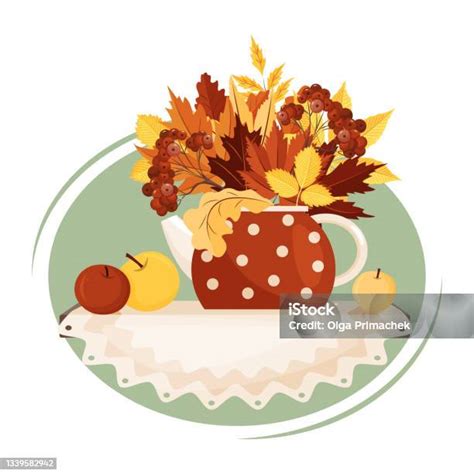 단풍과 잘 익은 사과의 꽃다발과 주전자의 그림 추수 감사절의 개념 가을에 대한 스톡 벡터 아트 및 기타 이미지 가을 티포트 10월 Istock