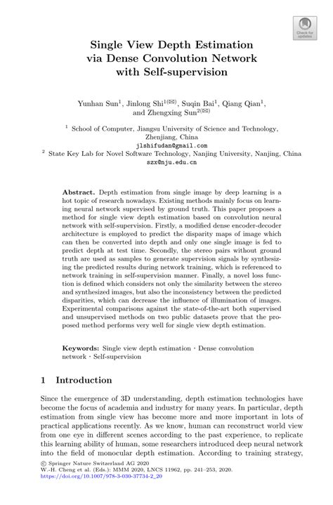 PDF Single View Depth Estimation Via Dense Convolution Network With Self Supervision