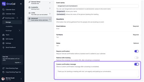 Custom Confirmation Message Onecal Docs