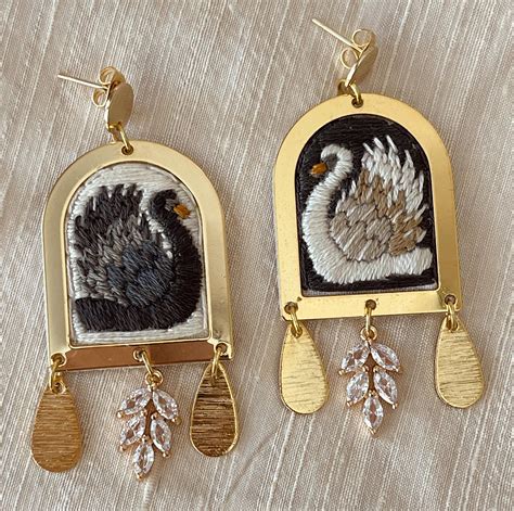 Handmade Embroidered Swan Earrings Gold Plated Bird Jewelry Etsy