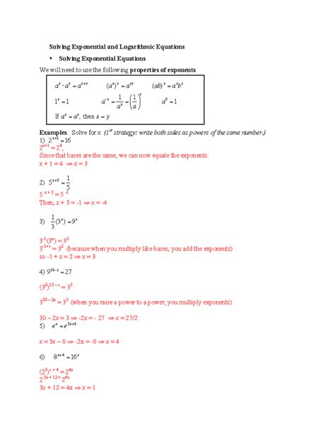 Exp Log Eqs Review Solving Exponential And Logarithmic Equations Solving Exponential
