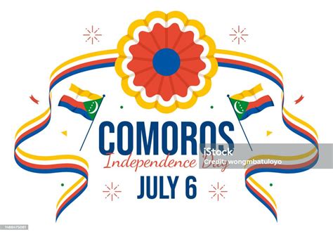 해피 코모로 독립 기념일 벡터 일러스트레이션 코모로 흔들리는 깃발 국가 휴일 플랫 만화 배경 손으로 그린 템플릿