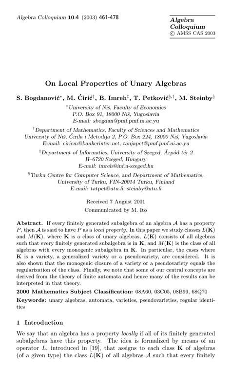 Pdf On Local Properties Of Unary Algebras