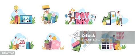 사람들 월급날 급여 행복 이벤트 또는 급여 지급 개념 직원 급여 예산 책정 달력에 지불 날짜 빚 상환 지불인 돈 지불 세금 고급 벡터 일러스트 레이 션 은행 예금 전표에
