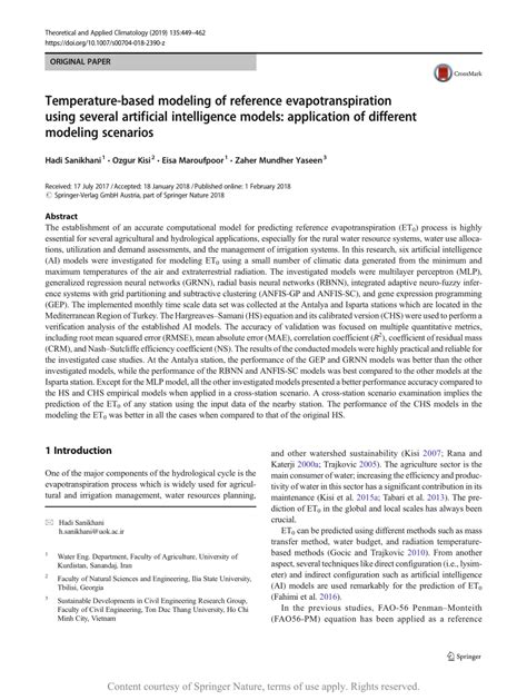 Temperature Based Modeling Of Reference Evapotranspiration Using Several Artificial Intelligence