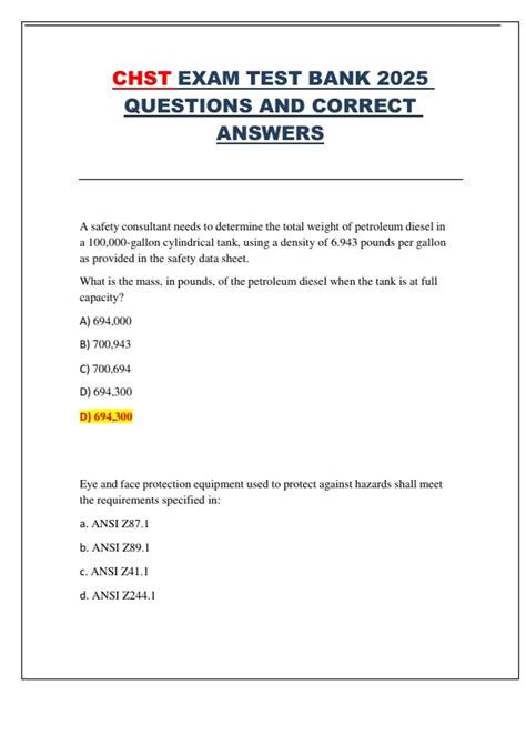 CHST Exam Test Bank 2025 Edition Extensive Practice Questions With Correct Answers For