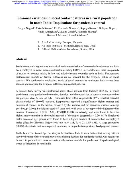 Pdf Seasonal Variations In Social Contact Patterns In A Rural Population In North India