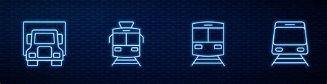 세트 라인 기차 와 철도 배달화물 트럭 트램 및 벽돌 벽에 빛나는 네온 아이콘 벡터 교육 강좌에 대한 스톡 벡터 아트 및 기타 이미지 Istock