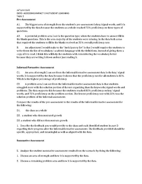 D093 Assessing Impact On Student Learning Task 2 Analysis Studocu
